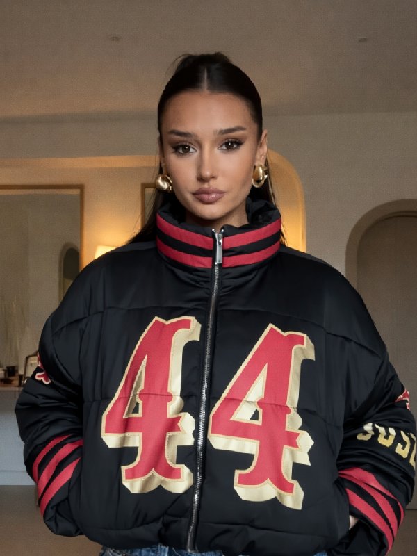 Kristin Juszczyk 49ers 2026 Black Puffer Jacket | 44 Print Black Jacket